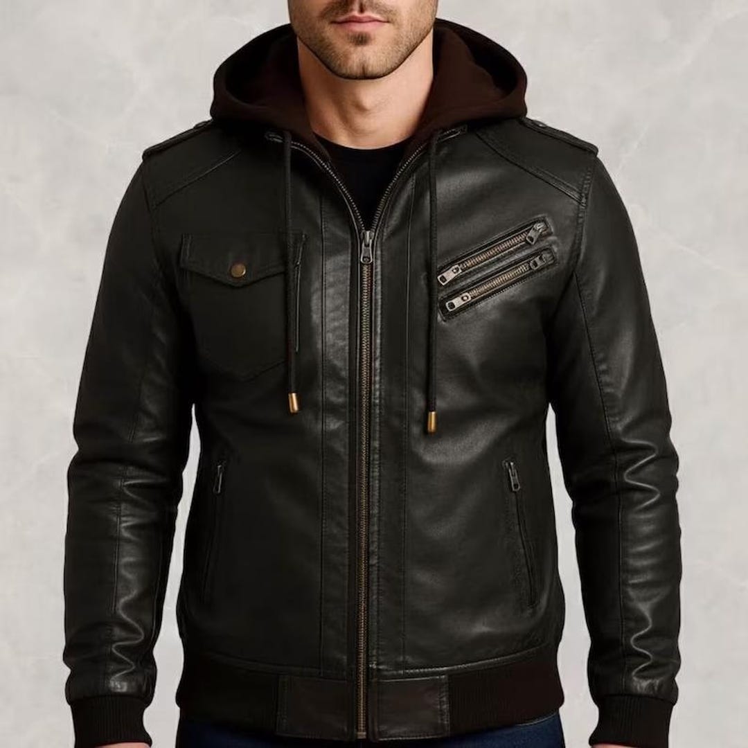 Lederjacke Mit Kapuze Herren Schwarz