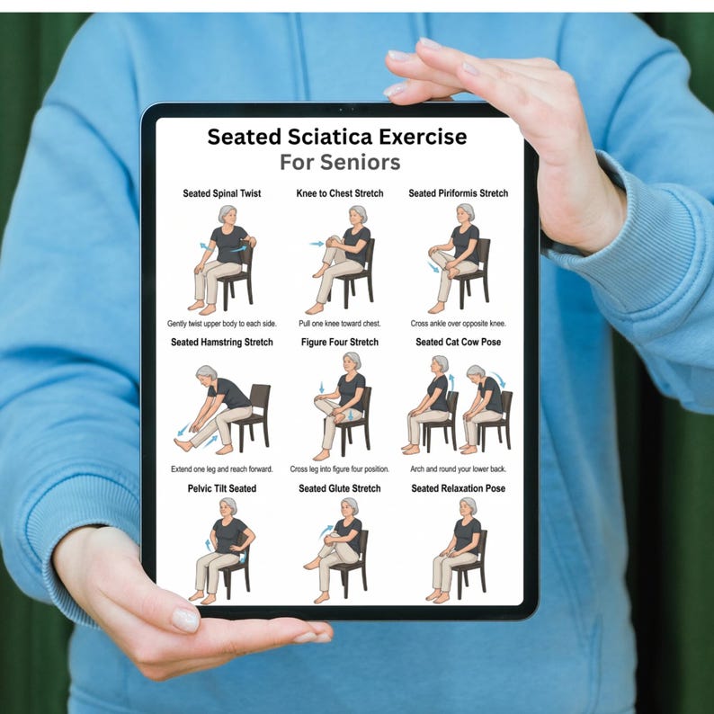Seated Sciatica Exercises for Senior Women PDF, Chair Stretches, Back ...