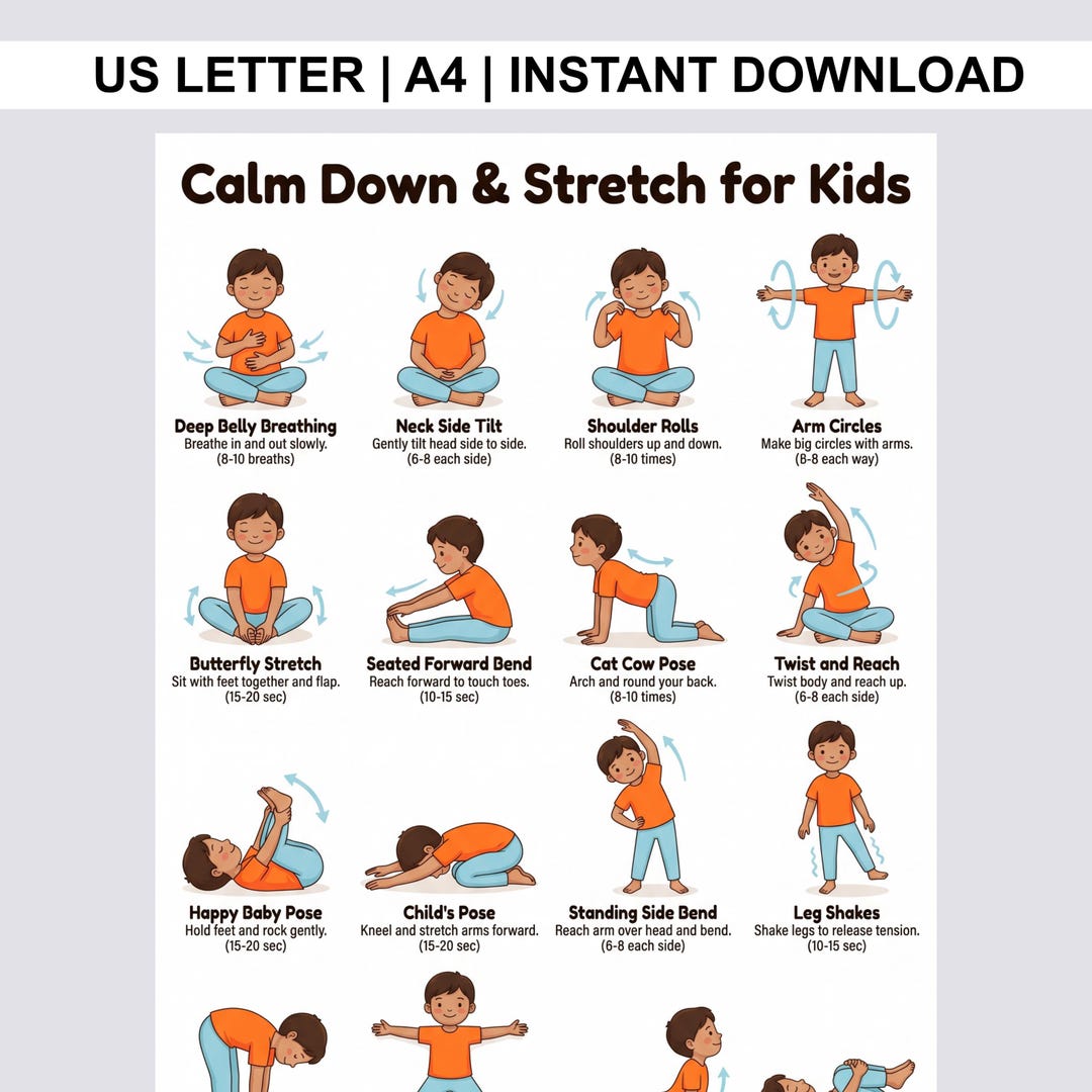 Calm Down & Stretch for Kids Printable – 16 Mindful Breathing Stretch ...
