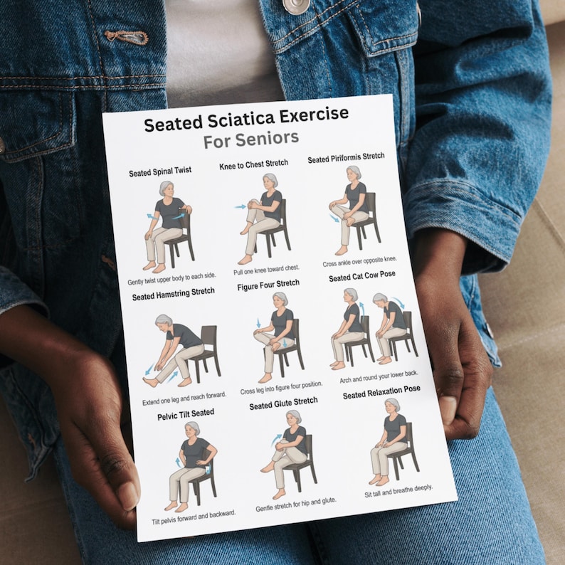 Seated Sciatica Exercises for Senior Women PDF, Chair Stretches, Back ...
