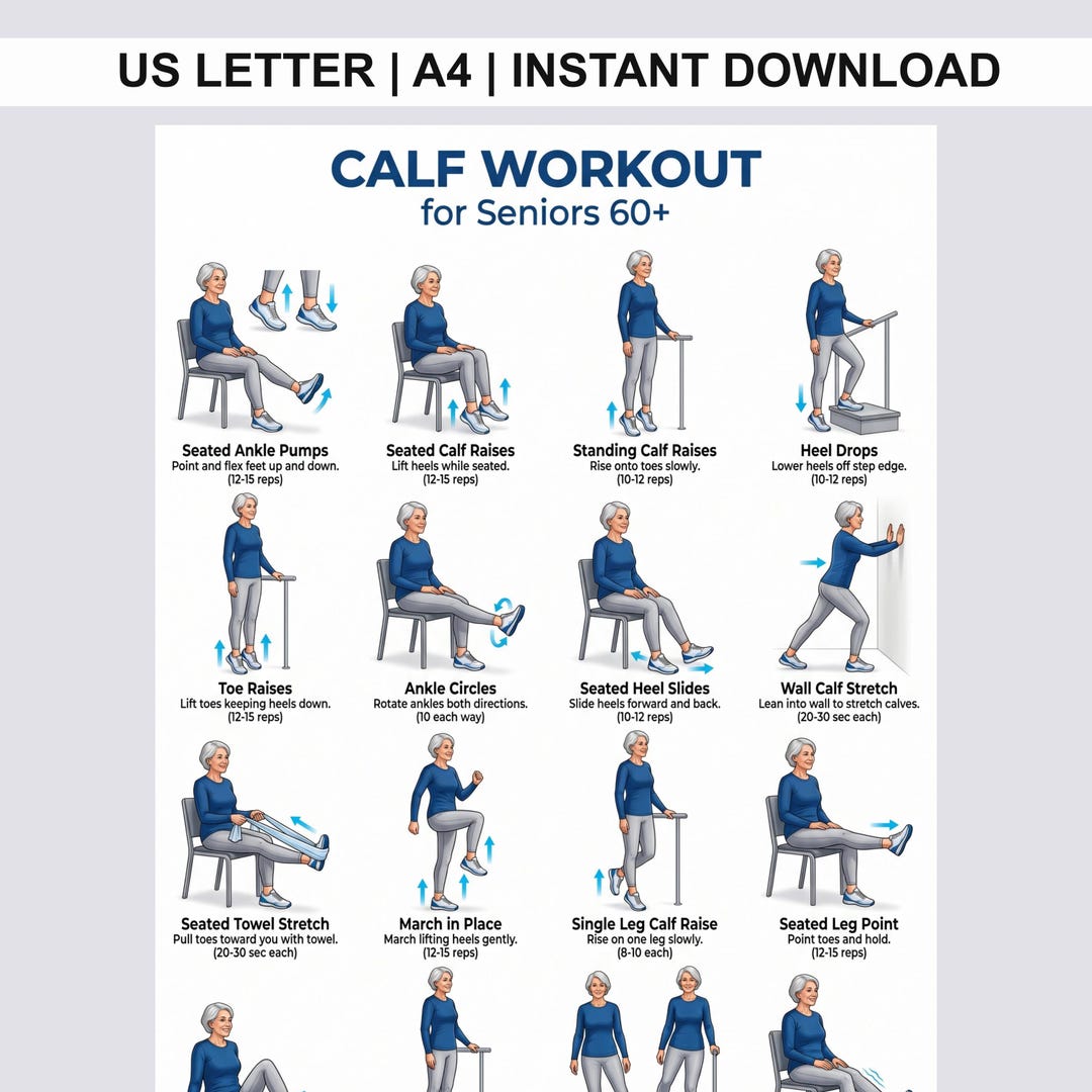 Calf Workout for Seniors 60+ , Printable Leg Strength Exercise Chart ...