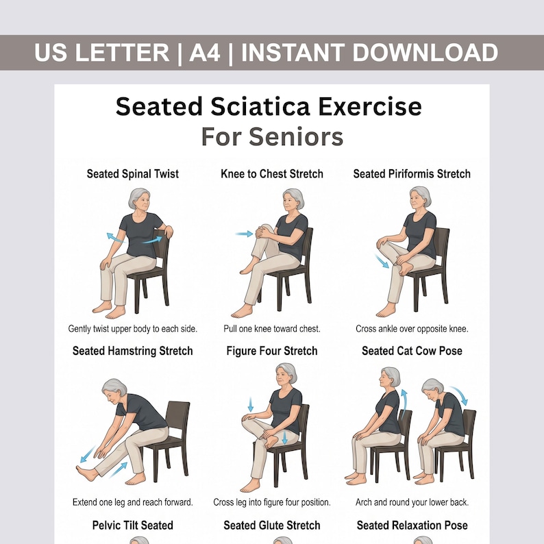 Seated Sciatica Exercises for Senior Women PDF, Chair Stretches, Back ...