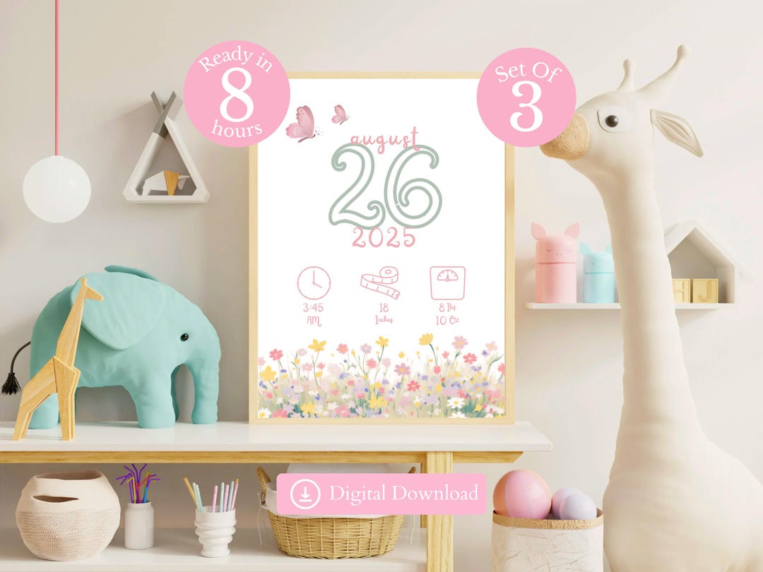 Set of 3 Custom Birth Stats Prints, Nursery Wall Art, Baby Photo ...