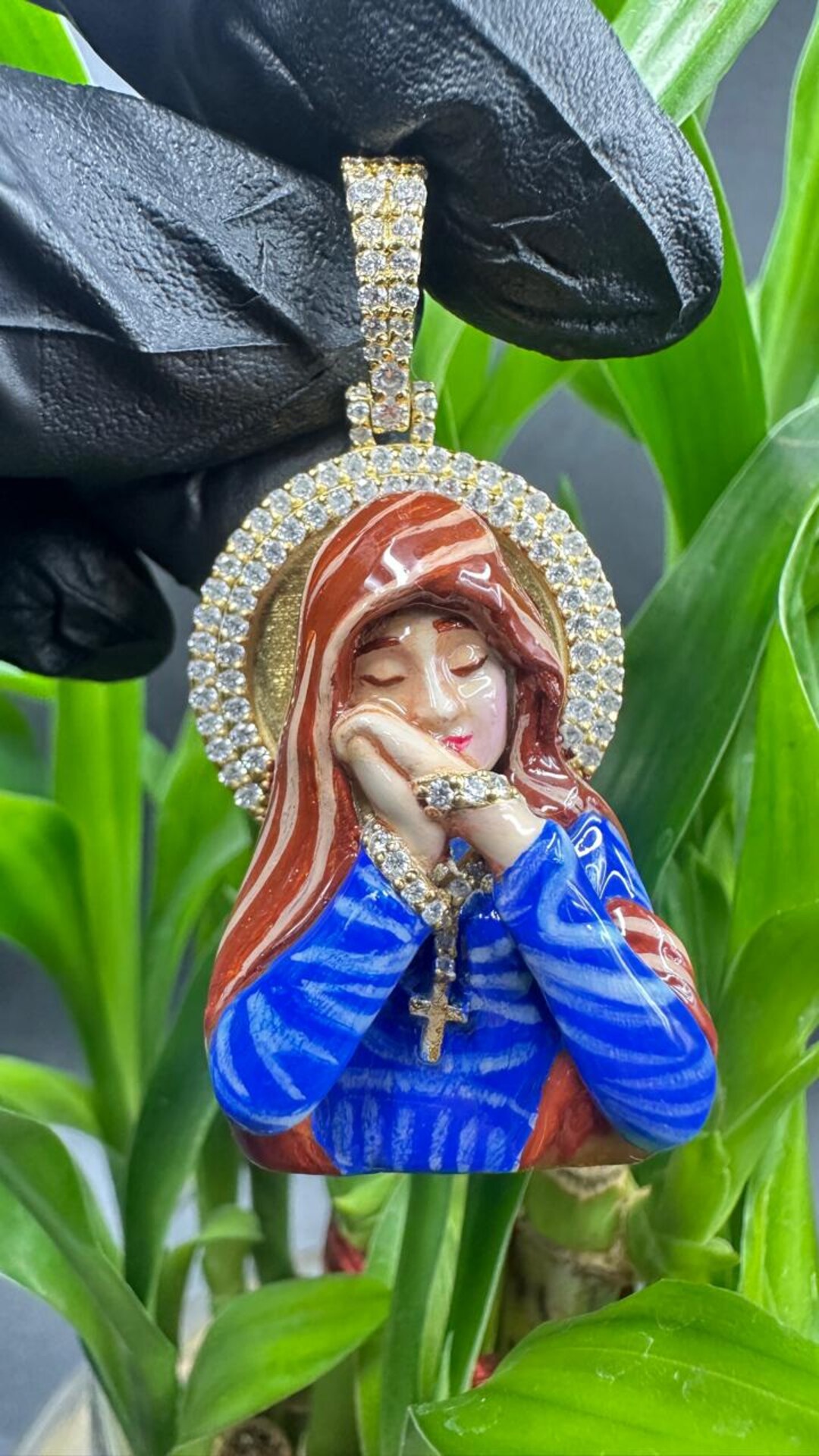 Gold Tone Virgin Mary Praying Pendant With Real Moissanite Halo ...