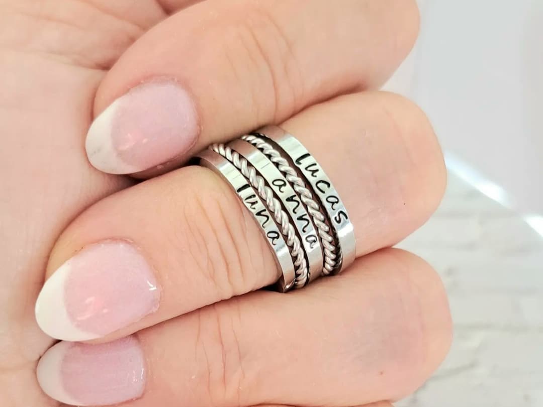 Petite Stacking Name Rings. 2 Mm Name Rings.mom Ring.ring With Kids Names.personalized Name ...