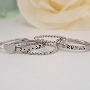 5 Pc Skinny Stacking Name Ring Set Mom Name Ring With Kids Names Double Name Ring Mom Custom ...