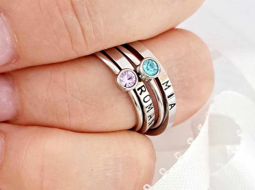Birthstone Name Ring/birthday Name Rings/stacking Birthstone Rings/stacking Mom Rings ...