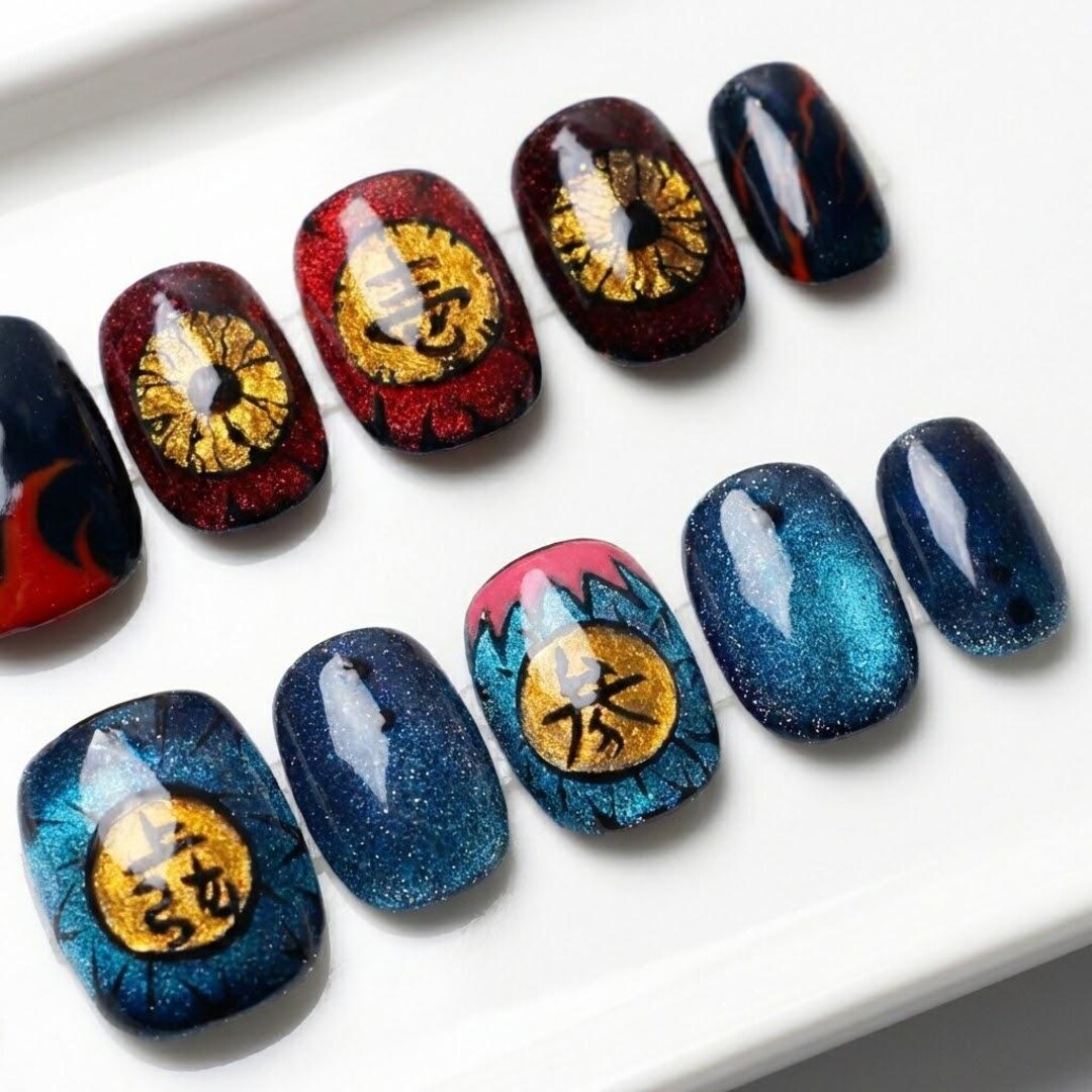 Anime Talisman Press on Nails | Dark Blue Red Gold Nails | Reusable ...