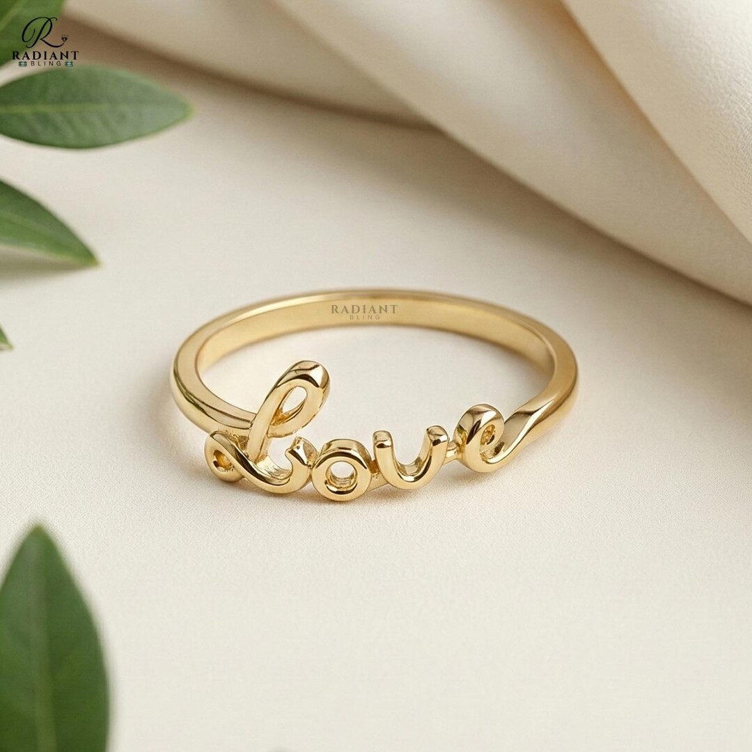 14k Solid Gold Love Ring Cursive Script Word Band Dainty Minimalist ...