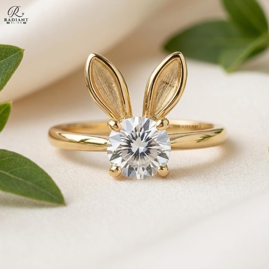 Bunny Ear Ring 14K Gold Rabbit Ring Round Moissanite Ring Cute Animal ...