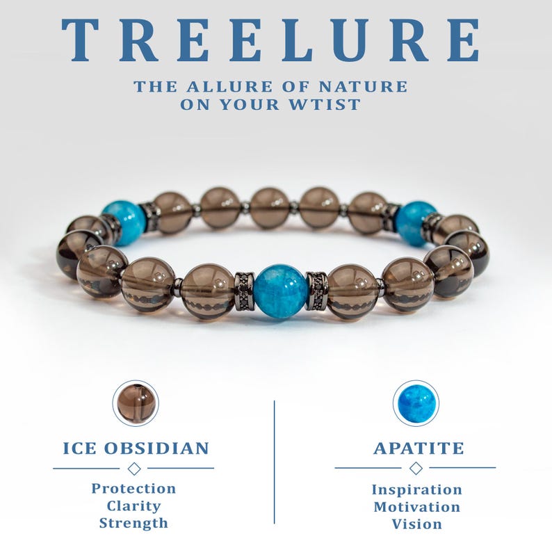 Men's Ice Obsidian Apatite Bracelet, Blue Gemstone Focus Energy Jewelry ...