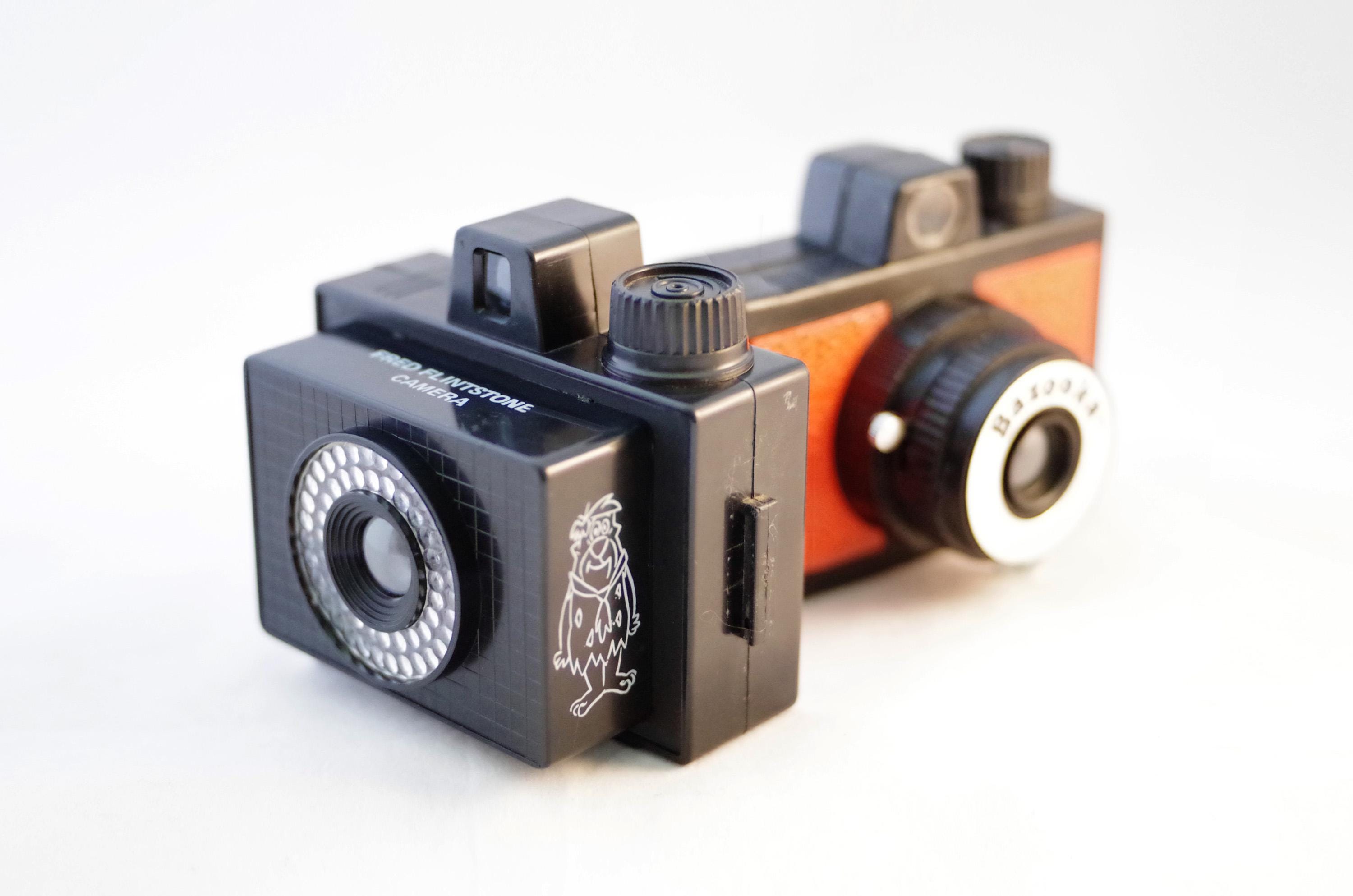 Fred Flintstone Bazooka Pair of Vintage Toy Cameras for 127 Film Actually Working Hong Kong 1960 s