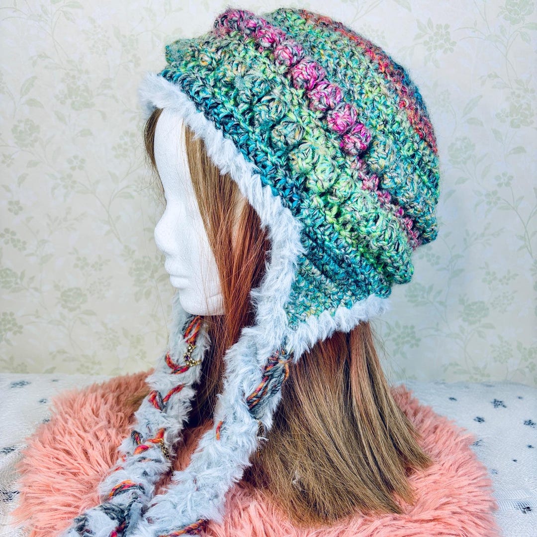 One-of-a-kind Crochet Hat With Braided Ear Flaps & Key Charm – Unique ...