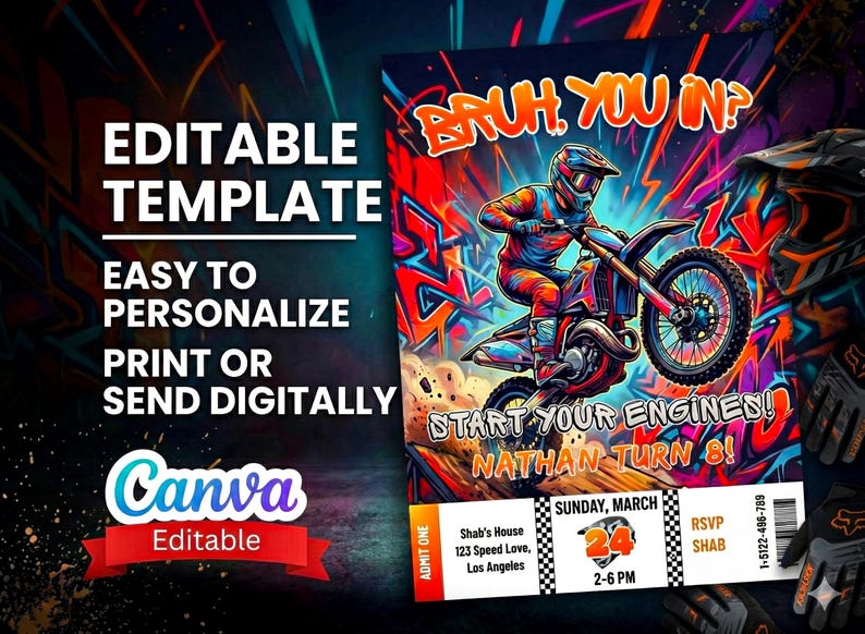 Motocross Birthday Invitation, Extreme Sports Graffiti Theme (canva ...