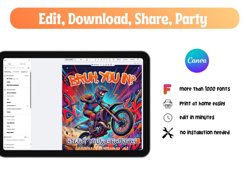 Motocross Birthday Invitation, Extreme Sports Graffiti Theme (canva ...