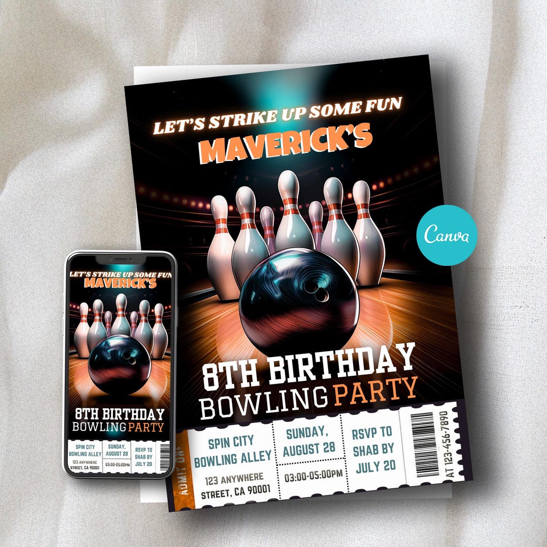Bowling Ticket Birthday Invitation: Editable Sports Party Template for ...