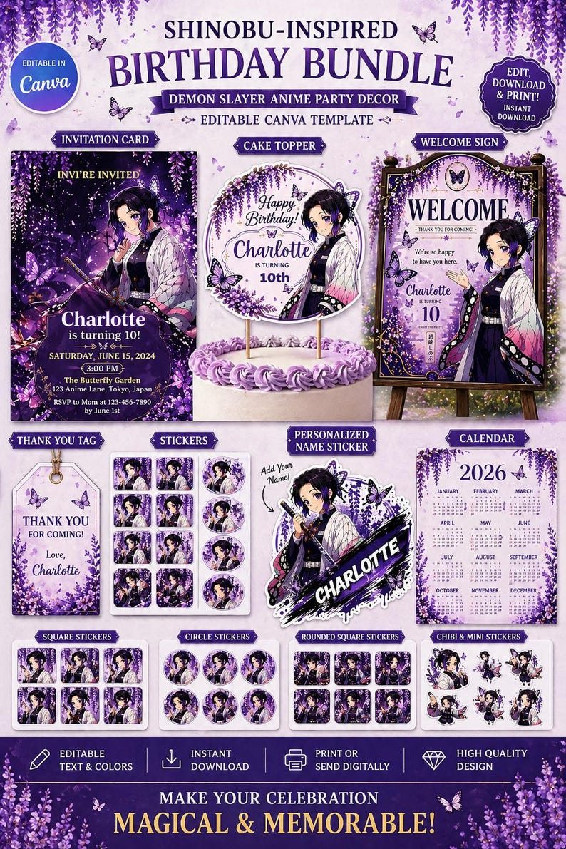 Demon Slayer Birthday Invitation Bundle | Shinobu Kocho Theme Editable ...