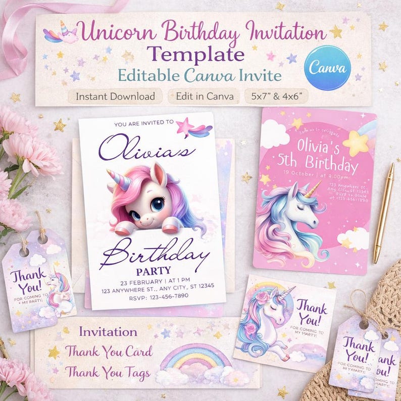 Unicorn Birthday Invitation, Magical Pastel Rainbow Party Invite, Girl ...