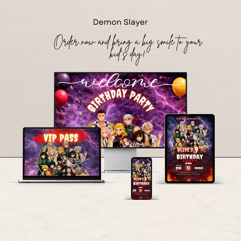 Demon Slayer Birthday Party Set | Custom Invitation, Welcome Sign, Cake ...