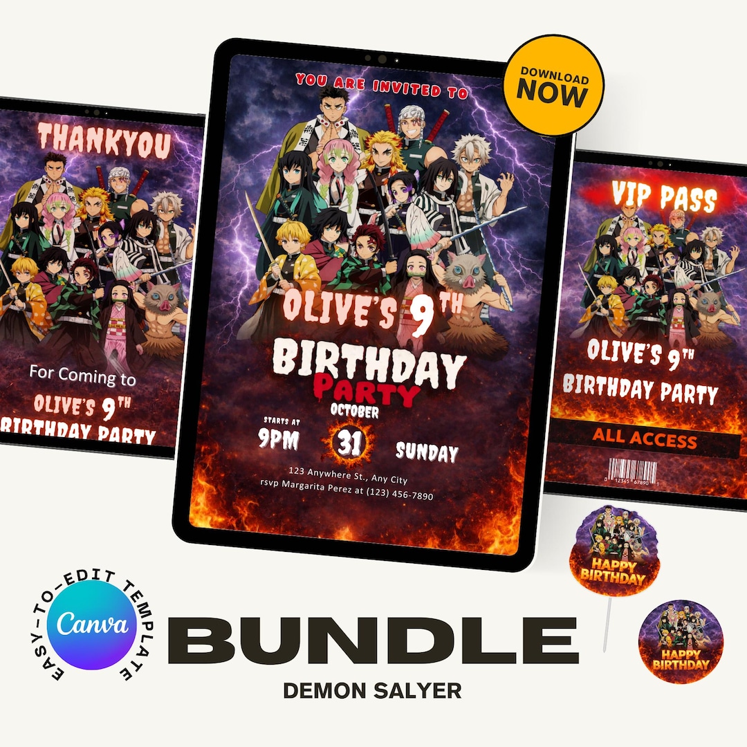 Demon Slayer Birthday Party Set | Custom Invitation, Welcome Sign, Cake ...