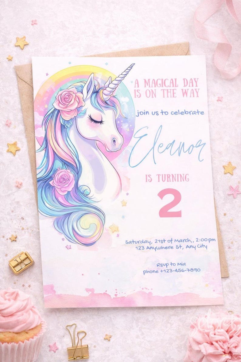 Unicorn Birthday Invitation, Magical Pastel Rainbow Party Invite, Girl ...