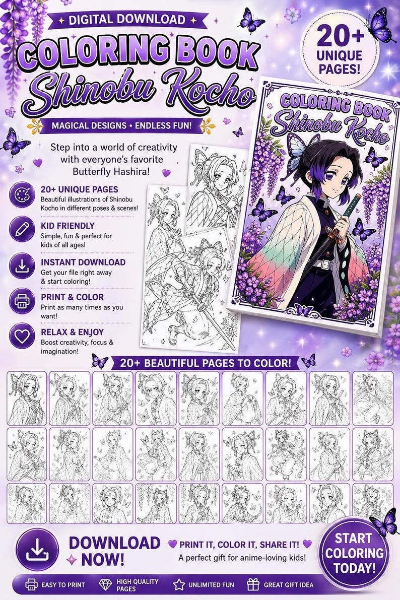 Shinobu Coloring Pages for Kids Demon Warrior Coloring Book, Instant ...