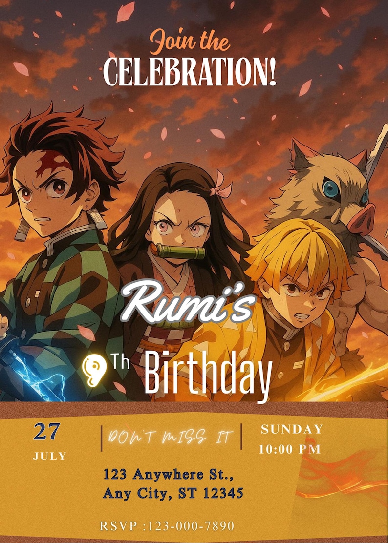 Demon Slayer Birthday Invitation - Set of 4| Anime Party Invite ...