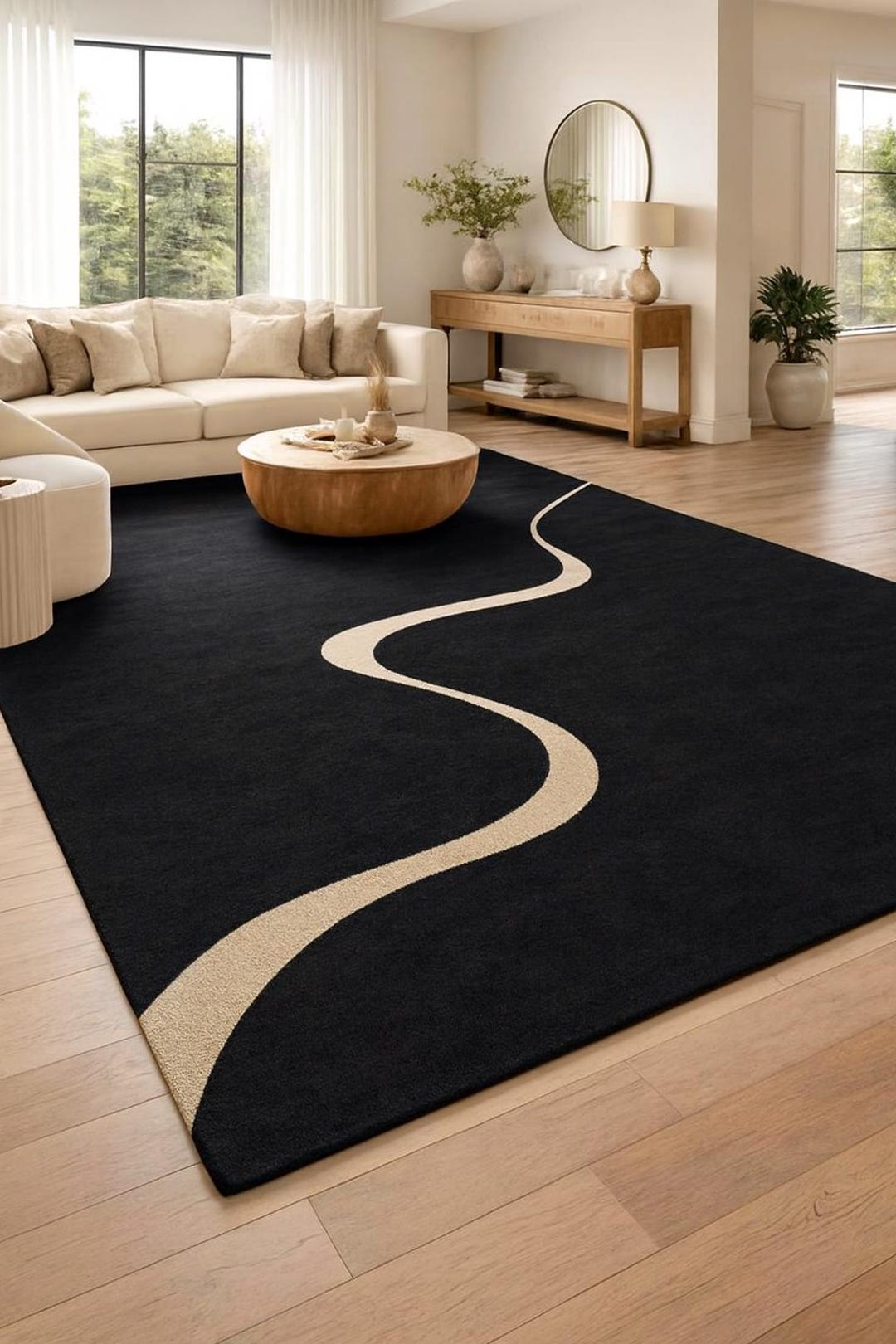 Hand Tufted Black Area Rug, Wavy Line Design, Modern Minimalist Carpet ...