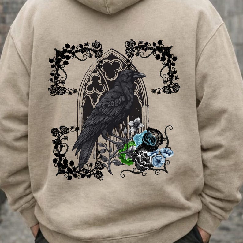 Gothic Raven Hoodie, Dark Academia Crow Floral Back Print - Etsy
