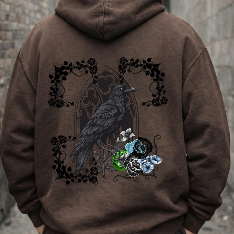 Gothic Raven Hoodie, Dark Academia Crow Floral Back Print - Etsy