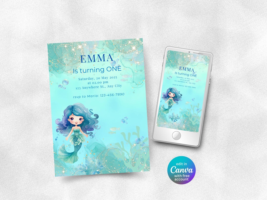 Mermaid 1st Birthday Invitation Template | Under the Sea Party Invite ...
