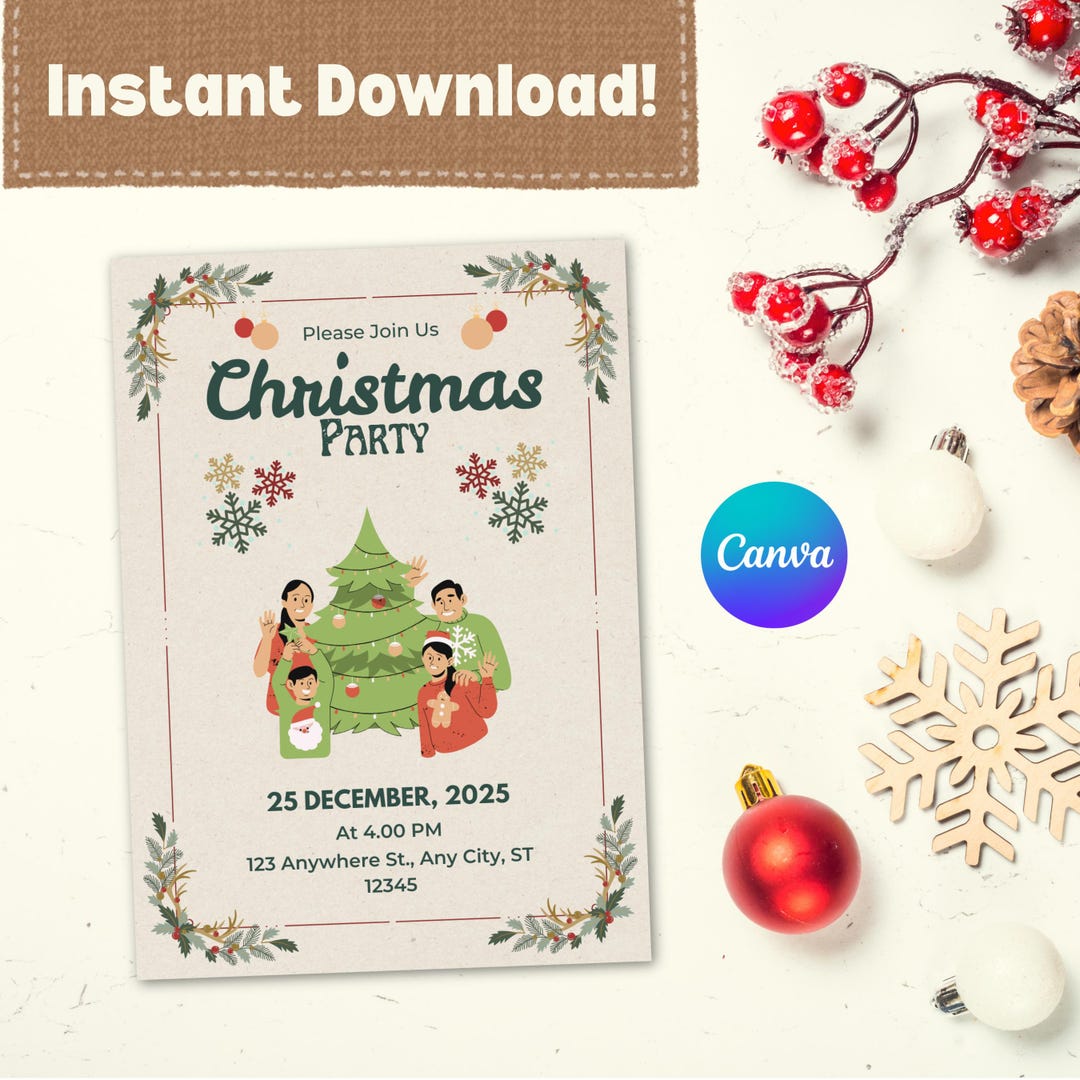 Christmas Party Invitation Template | Printable Holiday Party Card ...