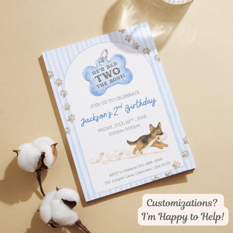 He's Bad Two the Bone Birthday Invitation | Puppy Dog 2nd Bday Party ...