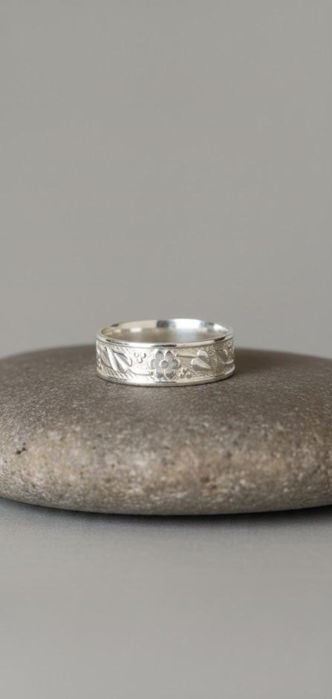 Floral Engraved Sterling Silver Band Ring, Unisex Stacking Ring - Etsy