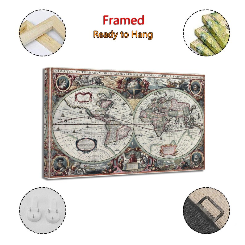 Vintage World Map Poster: Geographic Hydrographic Wall Art Decoration ...