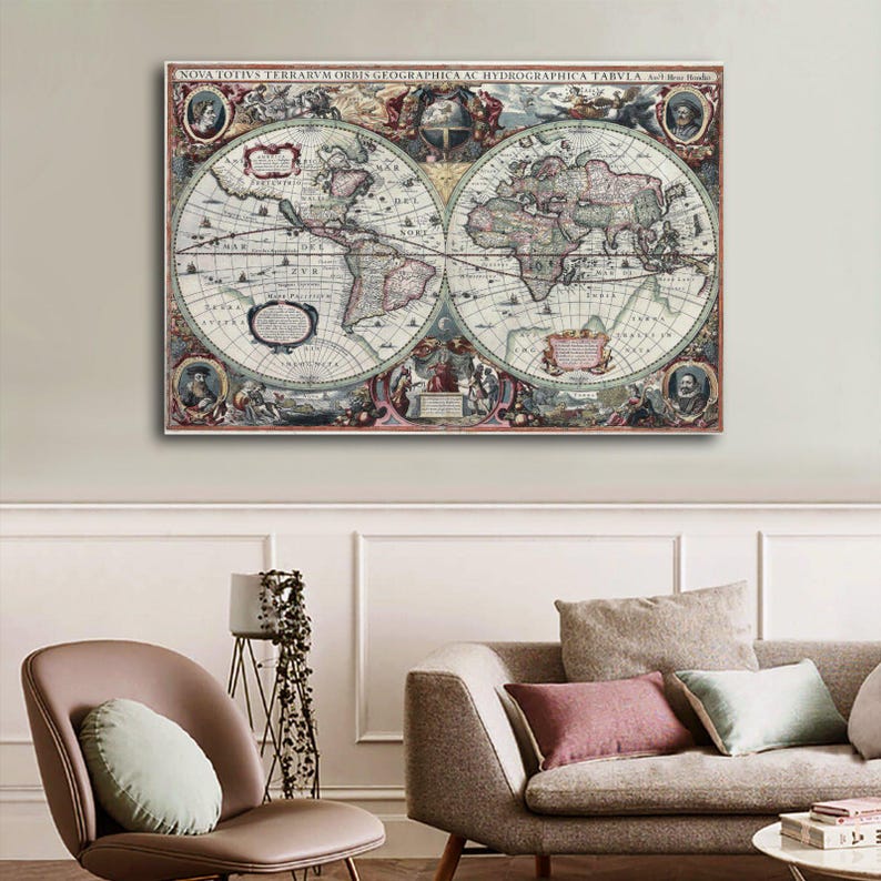Vintage World Map Poster: Geographic Hydrographic Wall Art Decoration ...