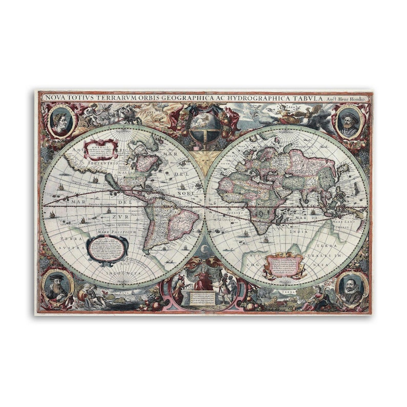 Vintage World Map Poster: Geographic Hydrographic Wall Art Decoration ...