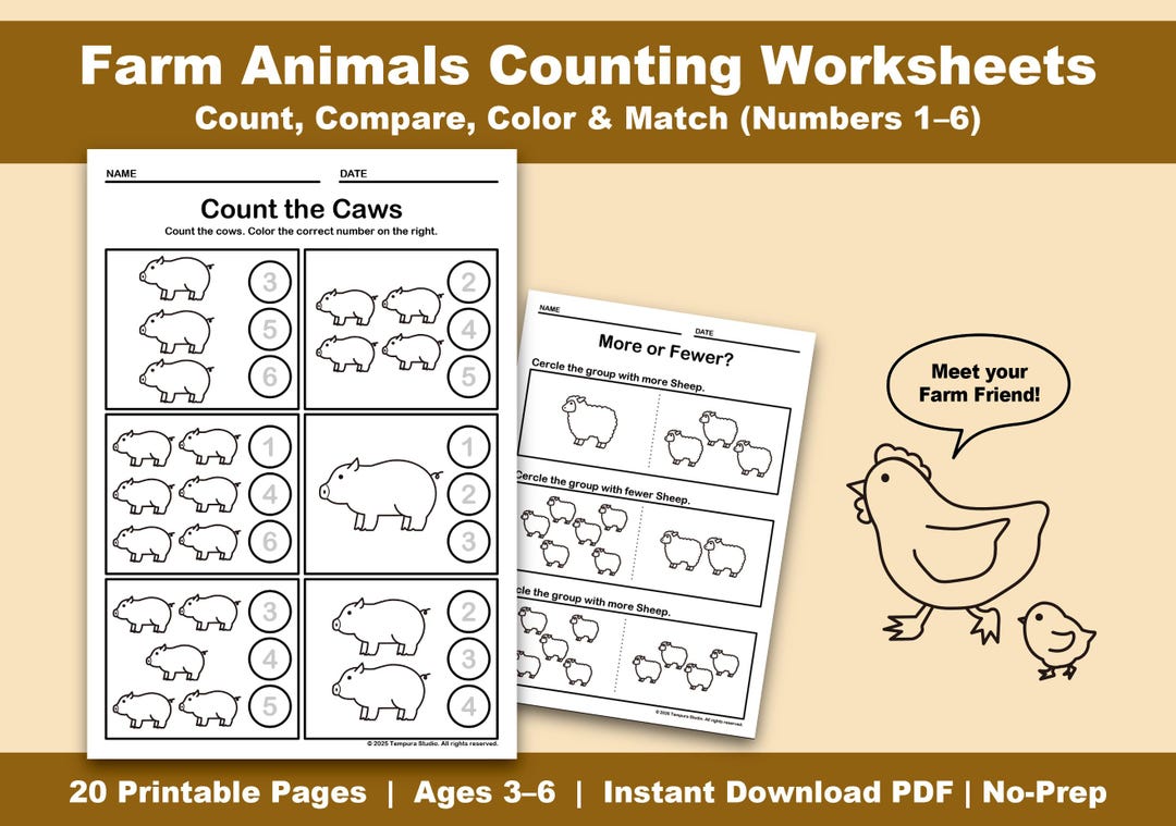 Farm Animals Counting Worksheets Counting & Comparing Numbers 1–6 ...