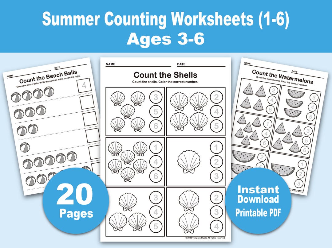 Summer Counting Worksheets 1-6 for Preschool & Kindergarten | Count ...