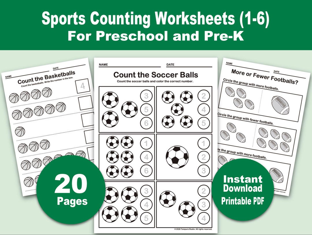 Sports Counting Worksheets for Preschool, Pre-k & Kindergarten, Numbers ...