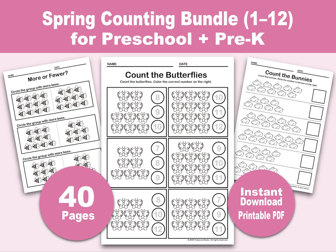 Spring Counting Worksheets Bundle 1-12, Preschool Math Activities (PDF ...