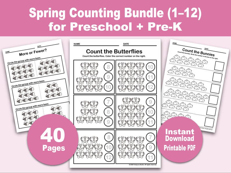 Spring Counting Worksheets Bundle 1-12, Preschool Math Activities (PDF ...