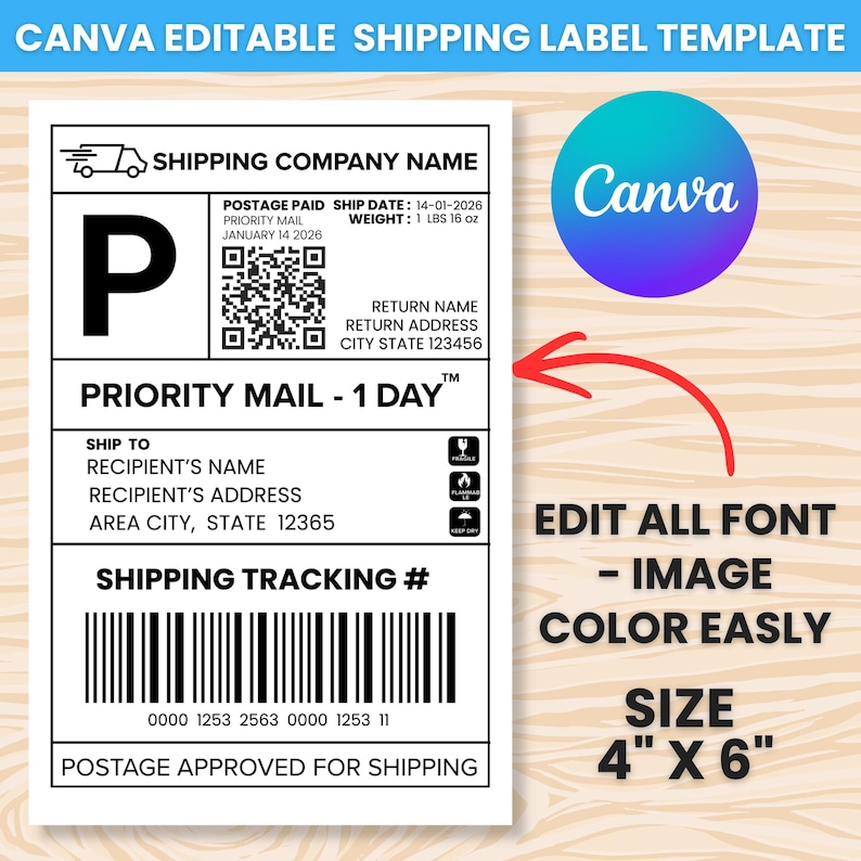 Canva Editable Shipping Label Template | Printable Mail Label (digital ...