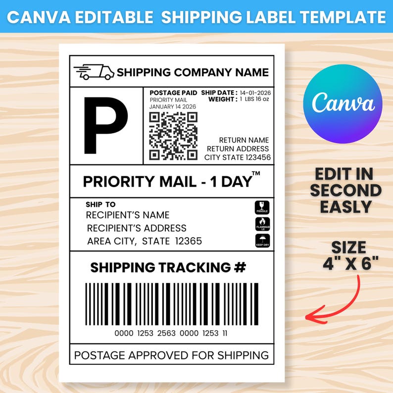 Canva Editable Shipping Label Template | Printable Mail Label (digital ...