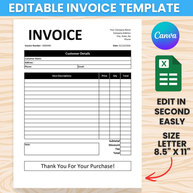 Editable Invoice Template for Small Business, Minimalist Canva Template ...