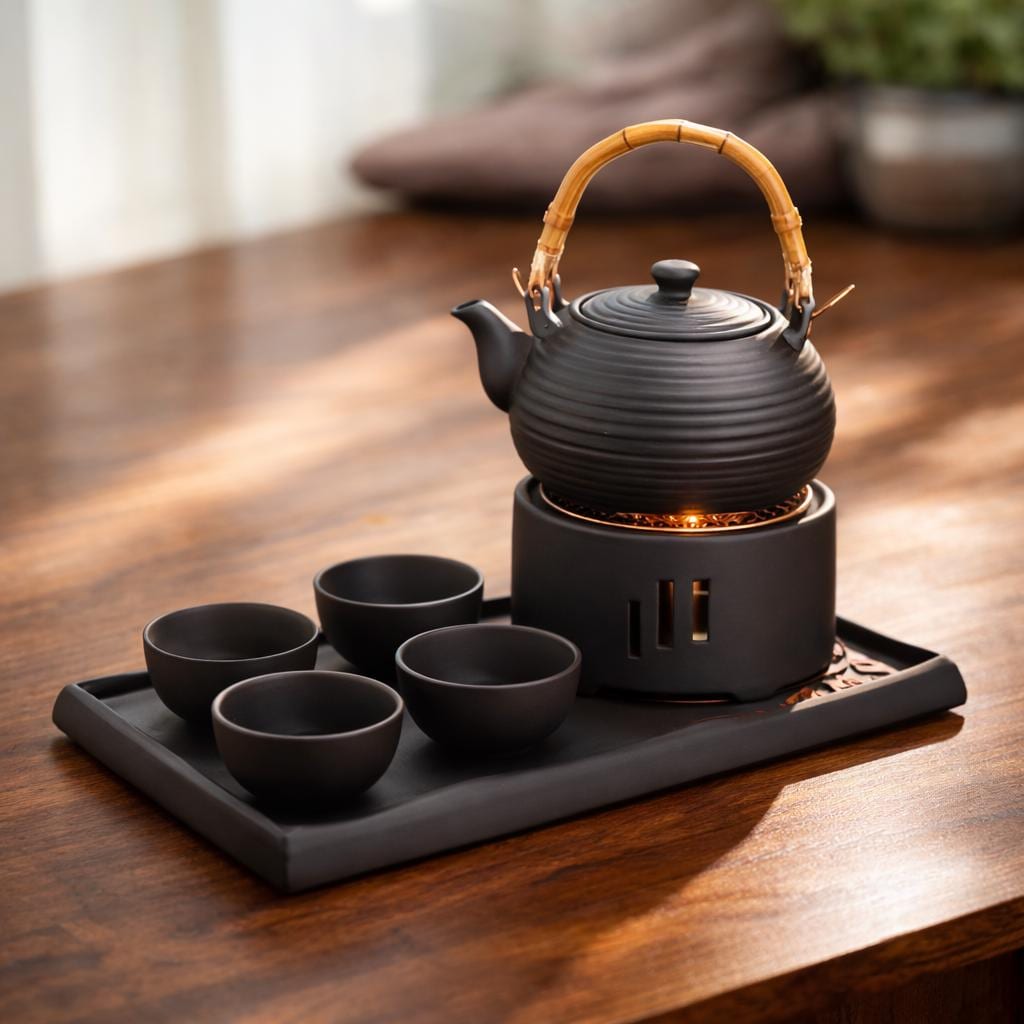 Japanese Gongfu Tea Set With Stove Black Ceramic Teapot 4 Cups Warmer ...