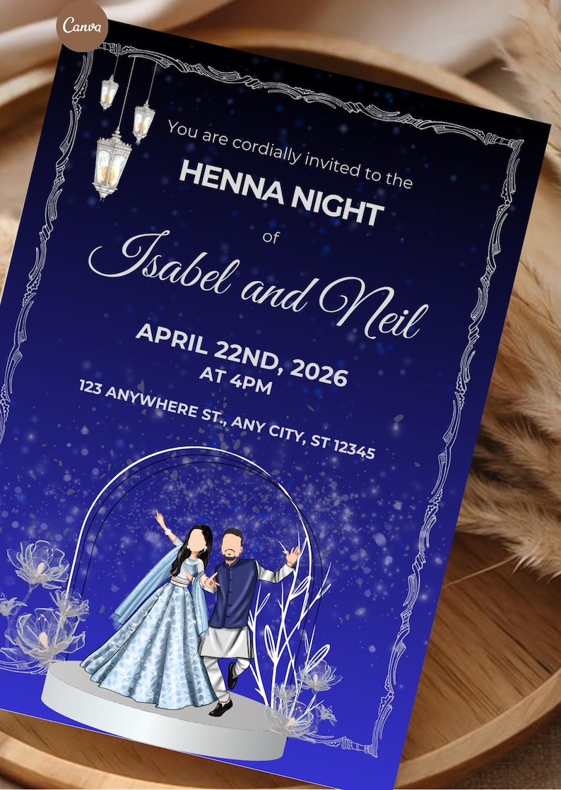 Elegant Henna Night Invitation Template, Editable Sangeet Invite, Blue ...