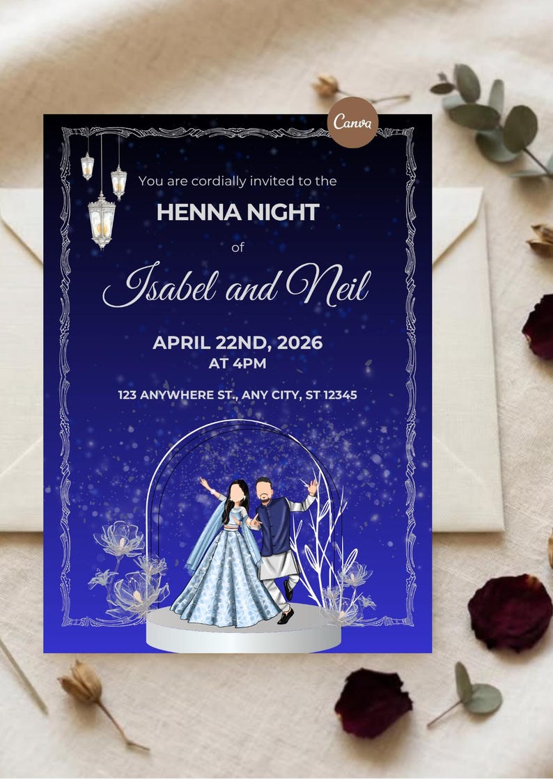 Elegant Henna Night Invitation Template, Editable Sangeet Invite, Blue ...