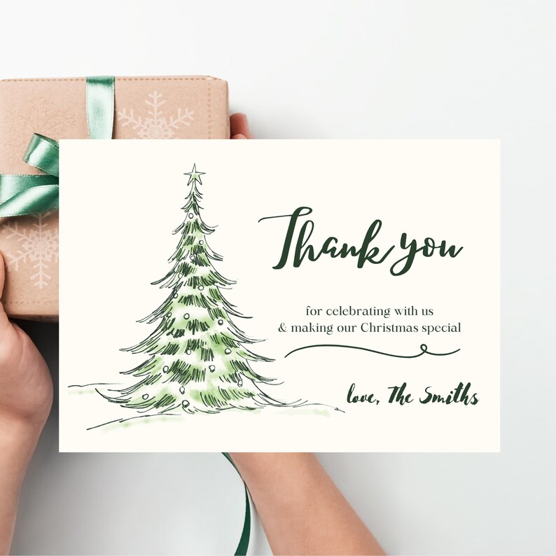 Christmas Thank You Card, Gratuity Note, Festive Greeting, Elegant ...