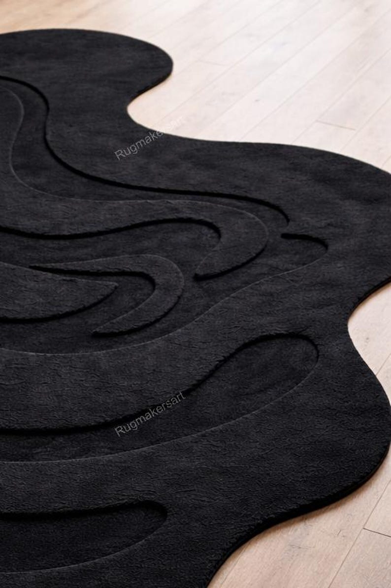 Hand-tufted Black Wool Rug – Modern Sculpted High-low Pile - Etsy